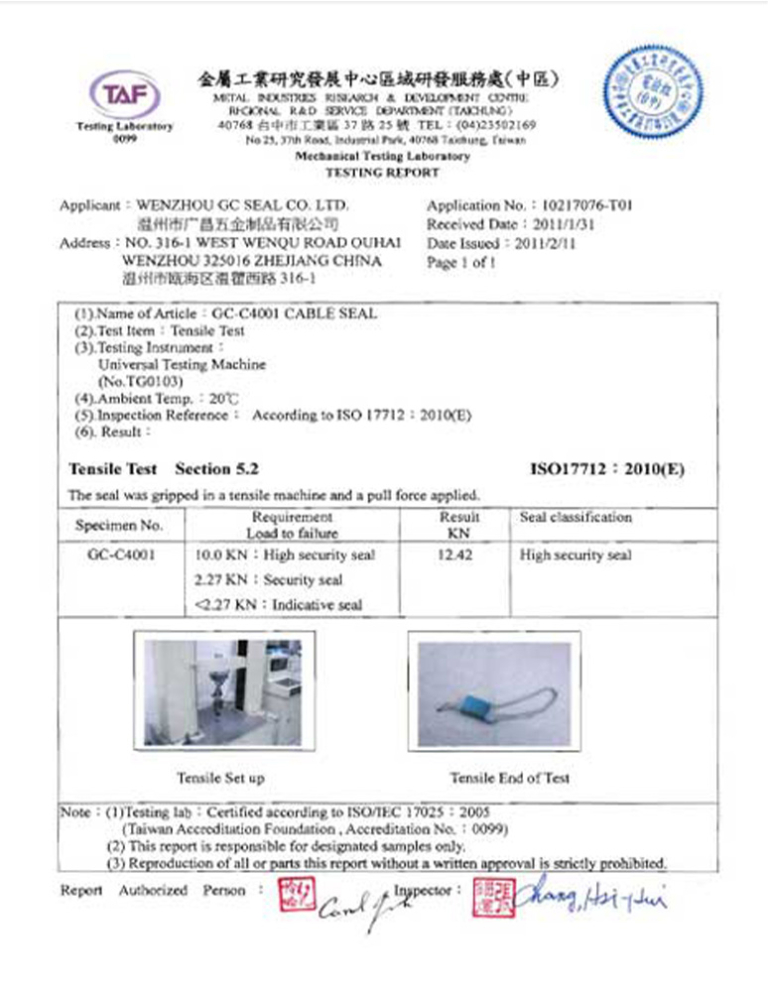 GC-C4001(TAIWAN) ISO 17712 Cable Seals - China.Wenzhou Guangchang ...